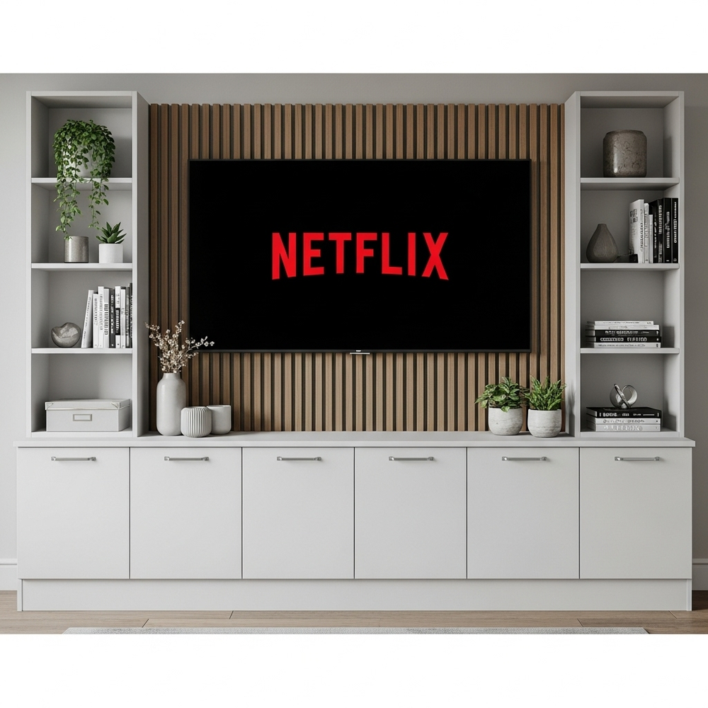Tall Media Wall Entertainment Base & Double Shelving Unit - For Up to ...
