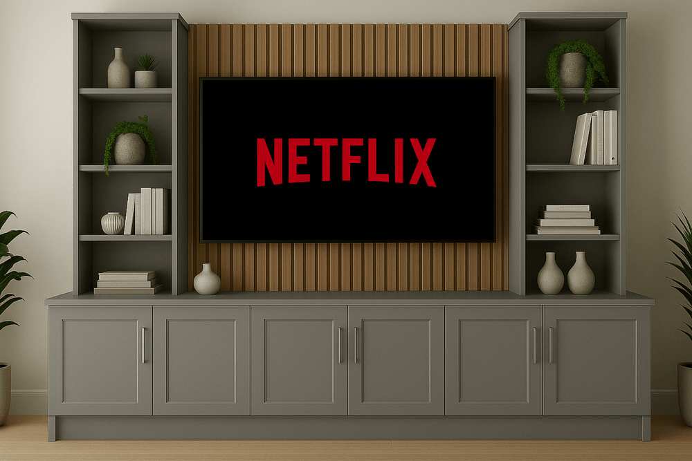 Tall Media Wall Entertainment Shaker Door Base & Double Shelving Unit ...