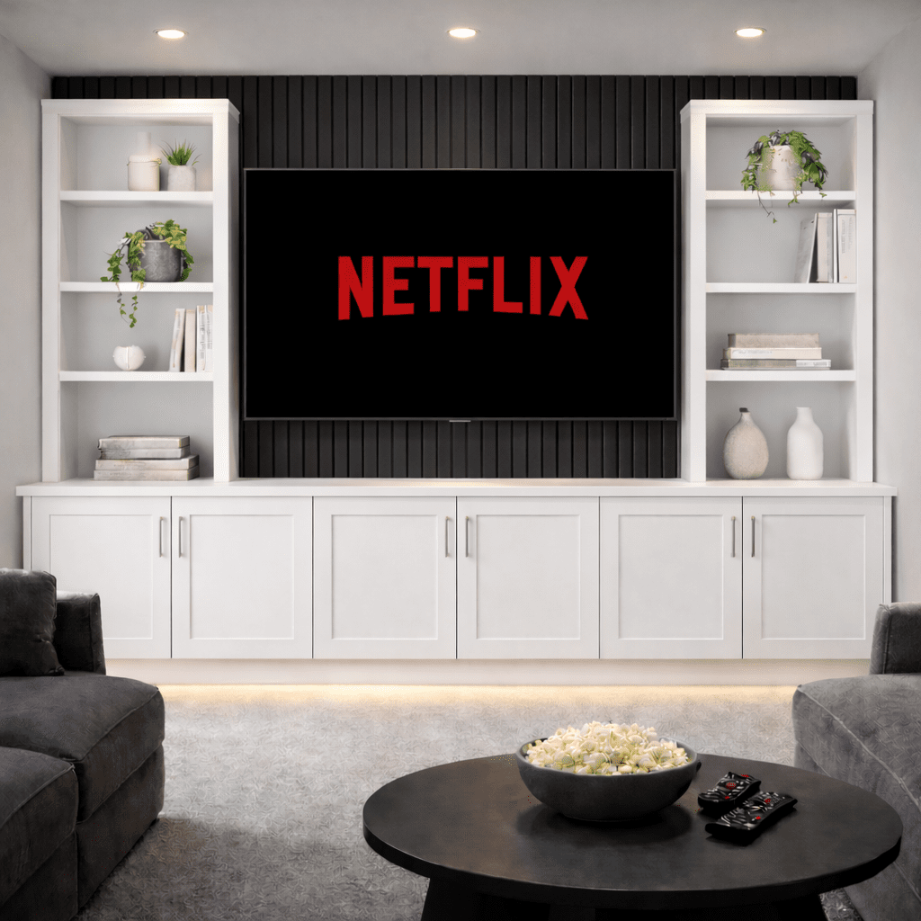 Tall Media Wall Entertainment Shaker Door Base & Double Shelving Unit ...