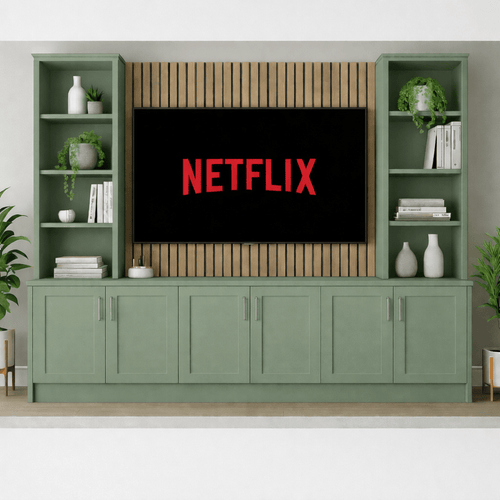 Tall Media Wall Entertainment Shaker Base & Double Shelving Unit - For ...