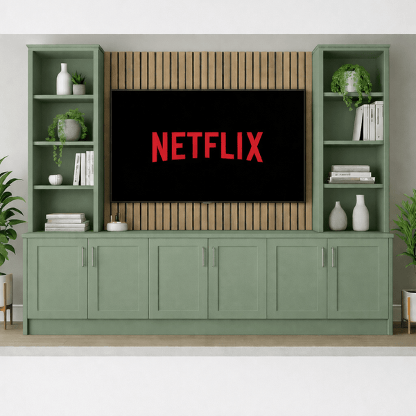 Tall Media Wall Entertainment Shaker Door Base & Double Shelving Unit ...