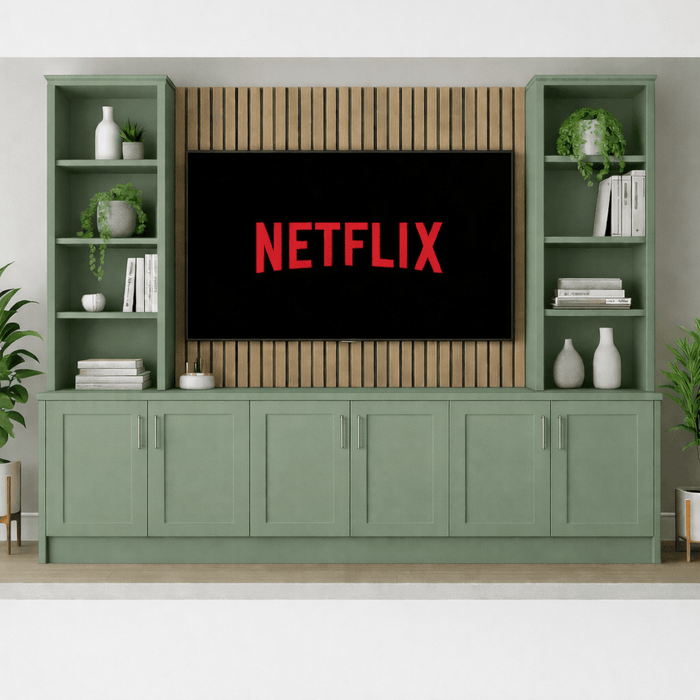 Tall Media Wall Entertainment Shaker Base & Double Shelving Unit - For ...