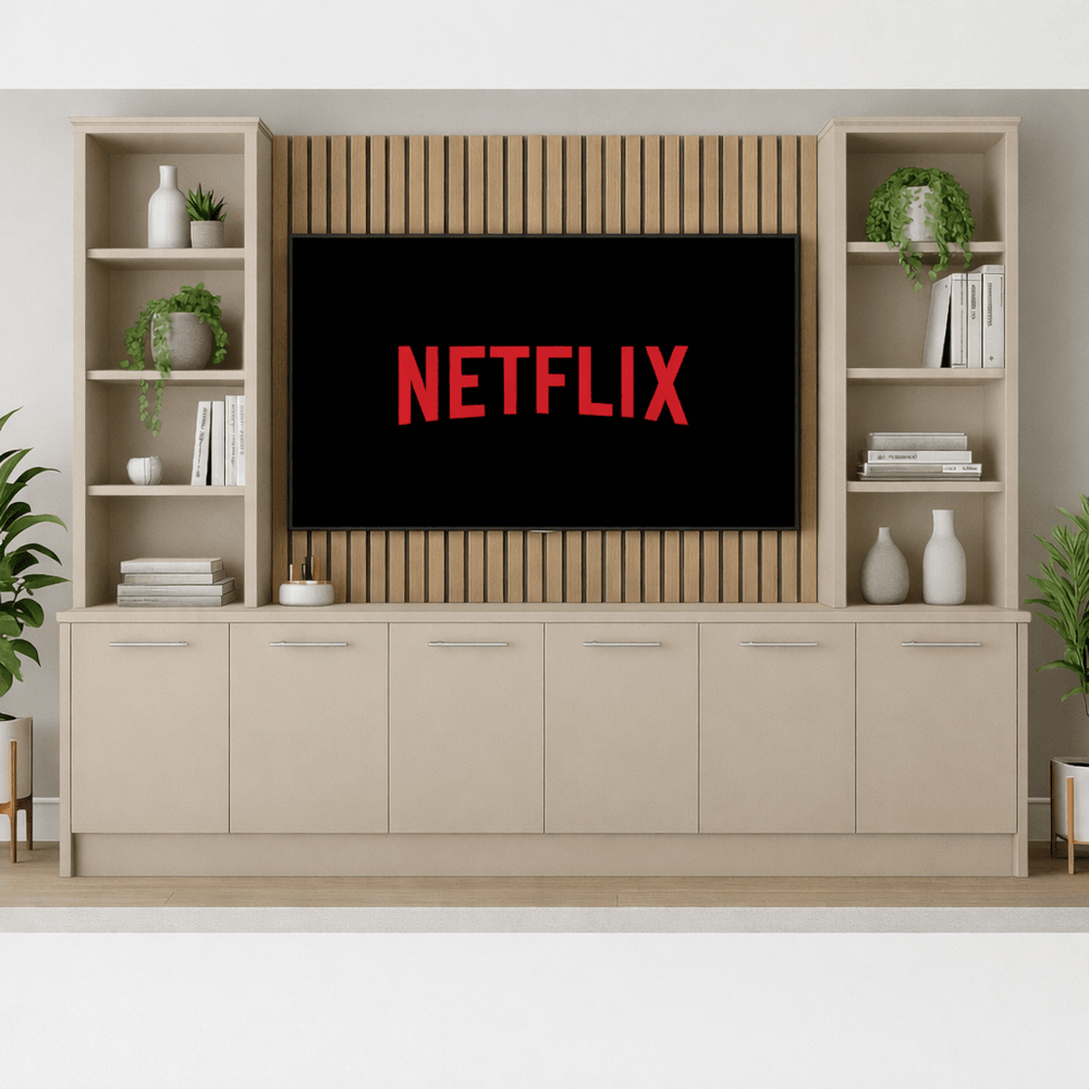 Tall Media Wall Entertainment Base & Double Shelving Unit - For Up to ...