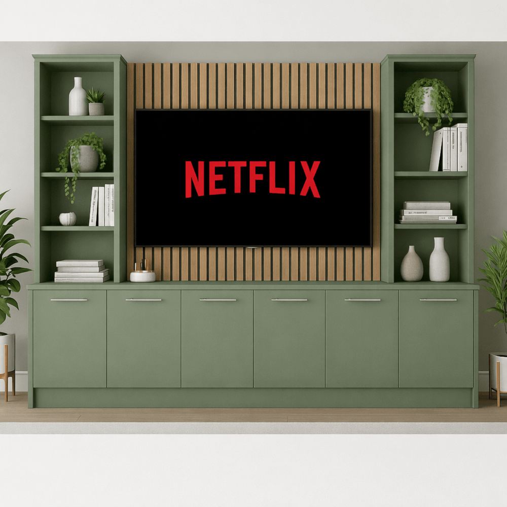 Tall Media Wall Entertainment Base & Double Shelving Unit - For Up to ...