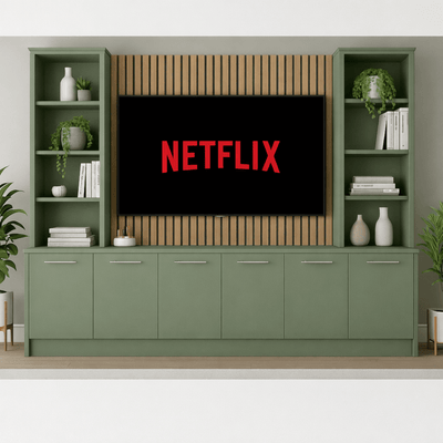 Tall Media Wall Entertainment Base & Double Shelving Unit - For Up to ...