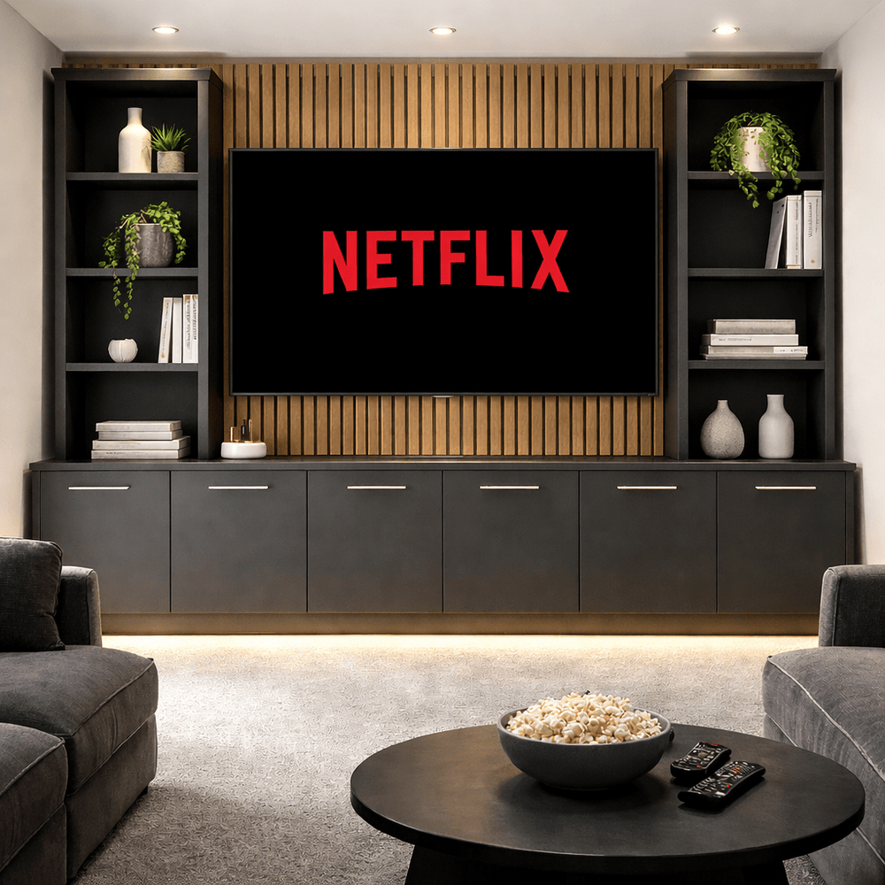Tall Media Wall Entertainment Base & Double Shelving Unit - For Up to ...