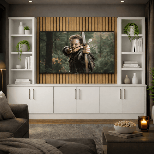 Tall Media Wall Entertainment Base & Double Shelving Unit - For Up to ...